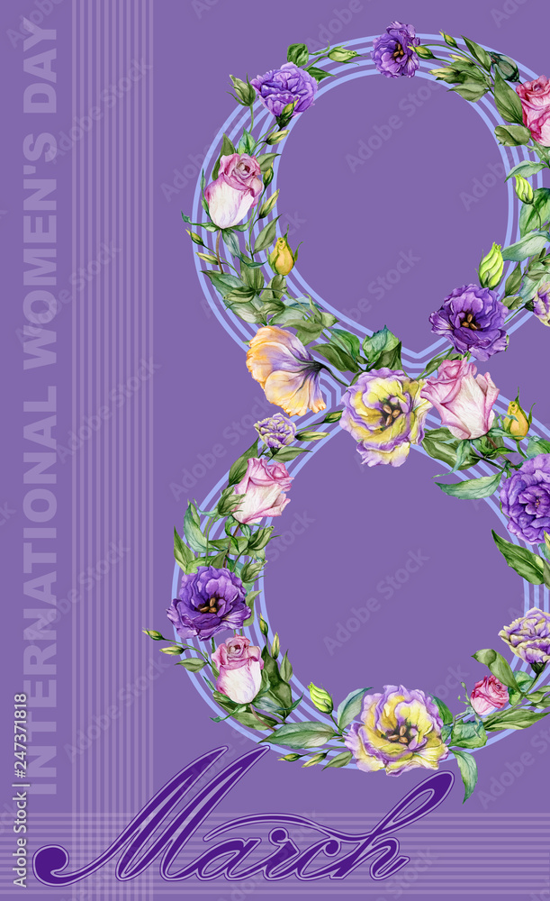 Eight March greeting card. Sign 8 March decorated with beautiful rose ...