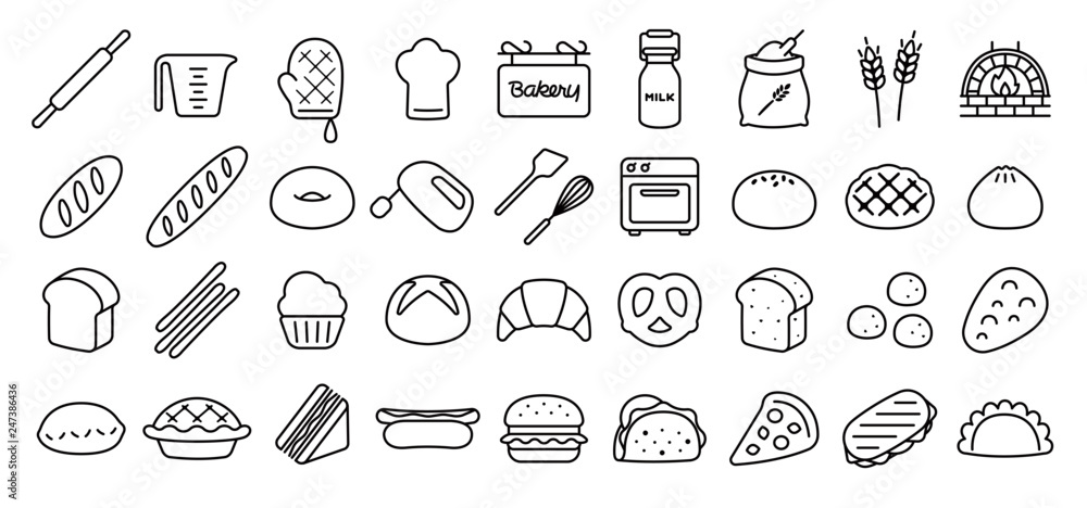 Bread and Bakery Icon Set (Thin Line Version) Stock Vector | Adobe Stock