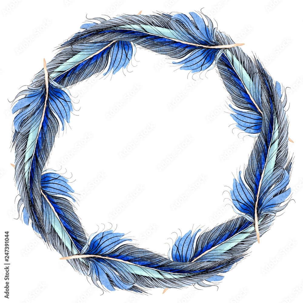 Watercolor blue and black bird feather from wing isolated. Frame border ...