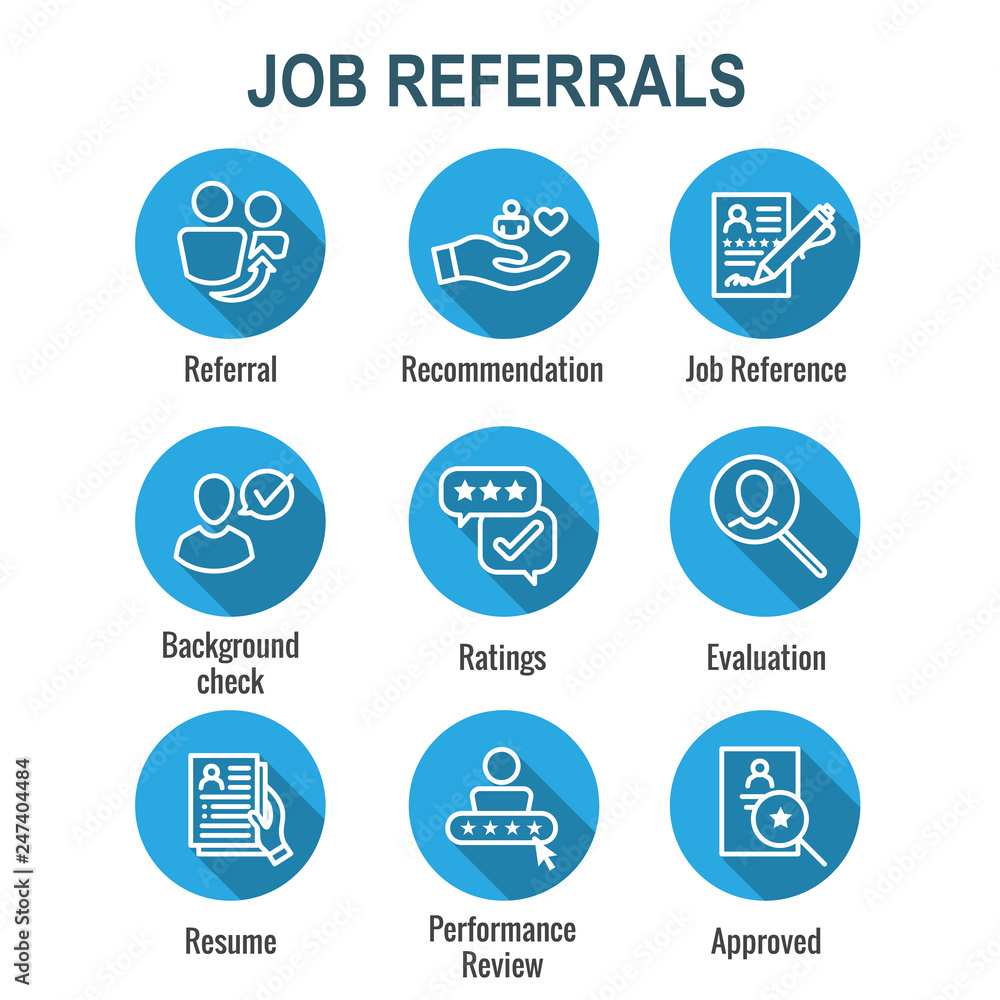 Referral Job Reference Icon Set with recommendations, performance ...