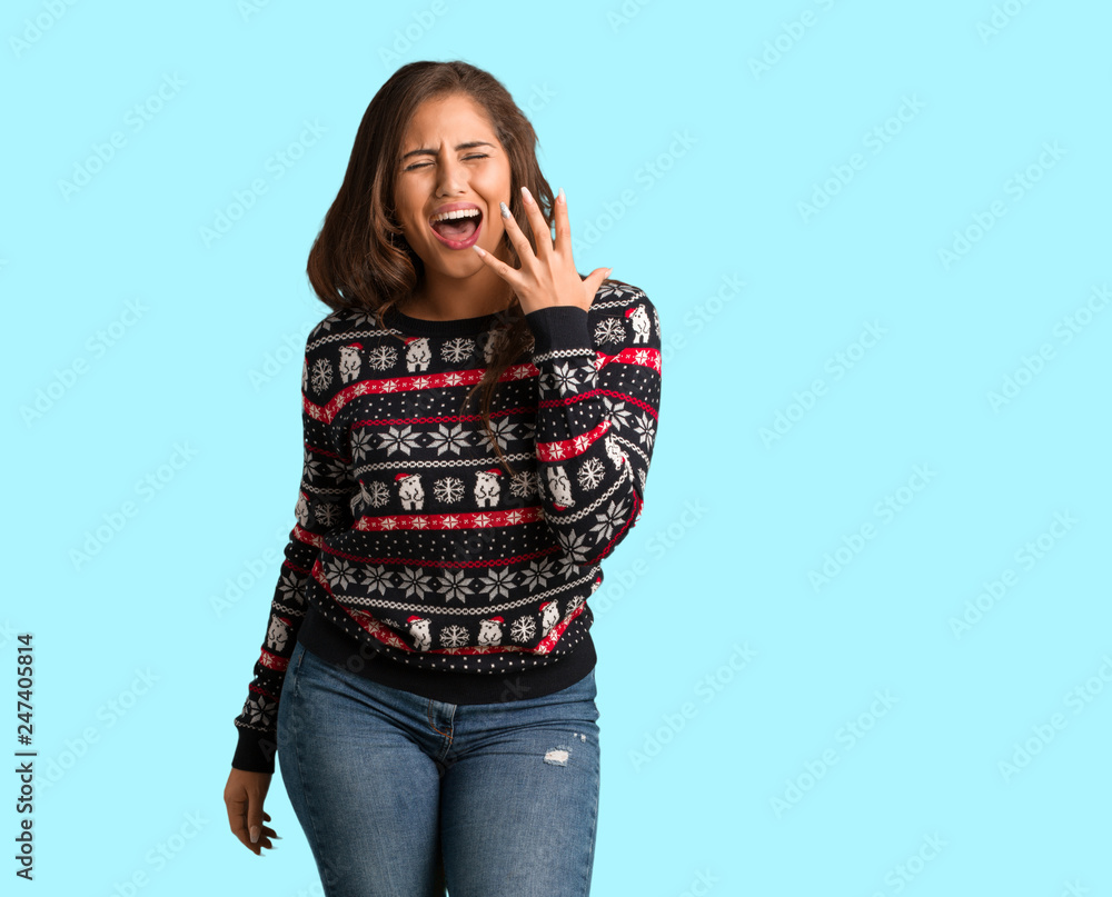 Full body young woman wearing a christmas jersey very scared and afraid ...