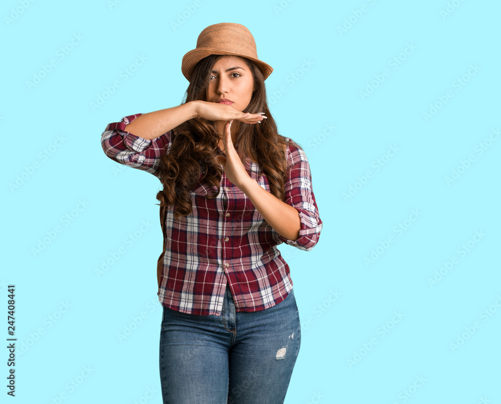 Full body young traveler curvy woman doing a timeout gesture Stock ...