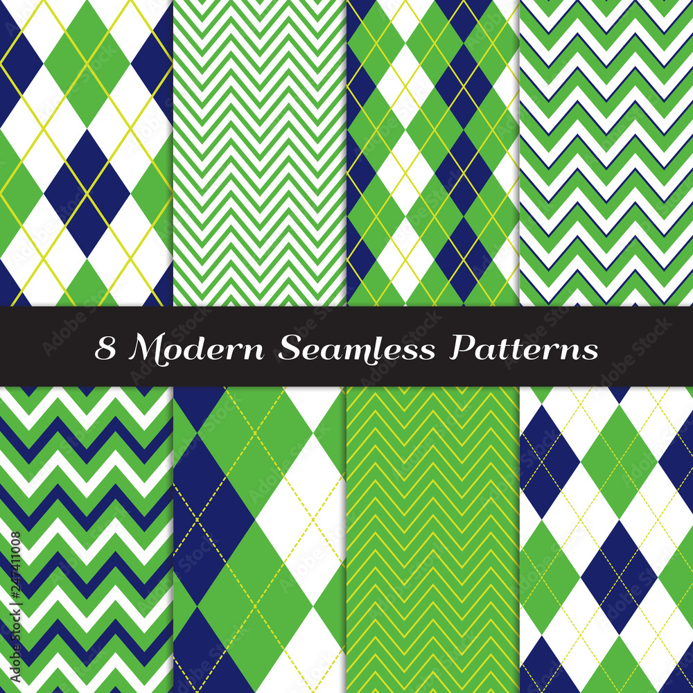 Golf Theme Chevron and Argyle Vector Patterns in Grass Green, Navy Blue ...