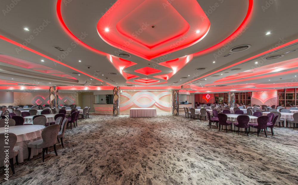 Wide angle of wedding hall with lightening ceiling Stock Photo | Adobe ...