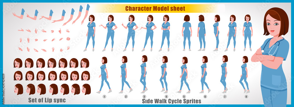 Character Model sheet with walk cycle animation sprites and lip syncing ...