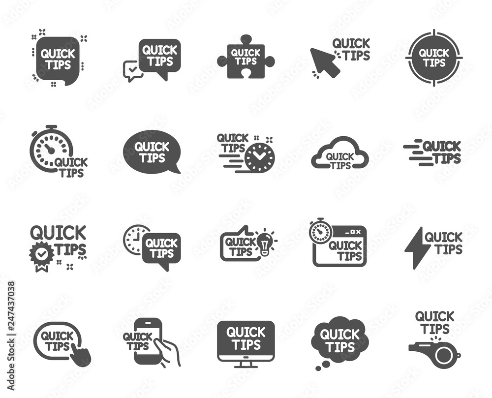 Quick tips icons. Set of Helpful tricks, Solution and Quickstart guide ...