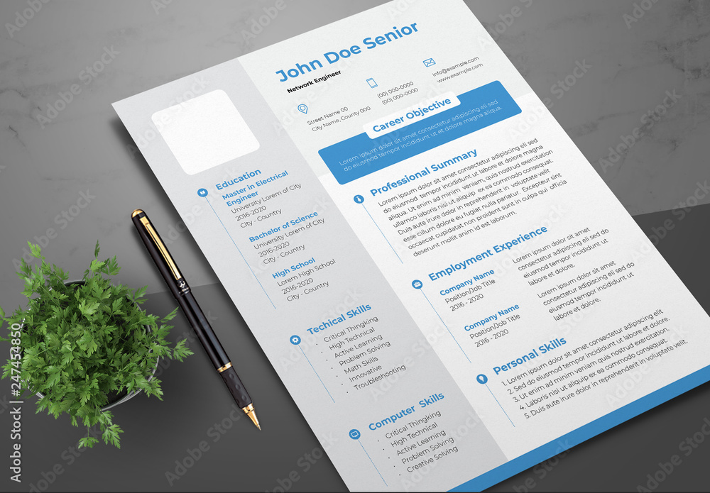 Resume Layout with Blue Accents and Gray Sidebar Stock Template | Adobe ...