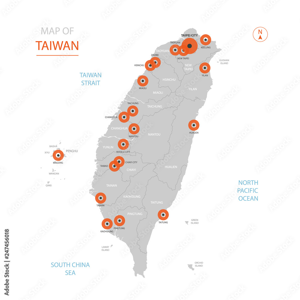 Stylized vector Taiwan map showing big cities, capital Taipei ...