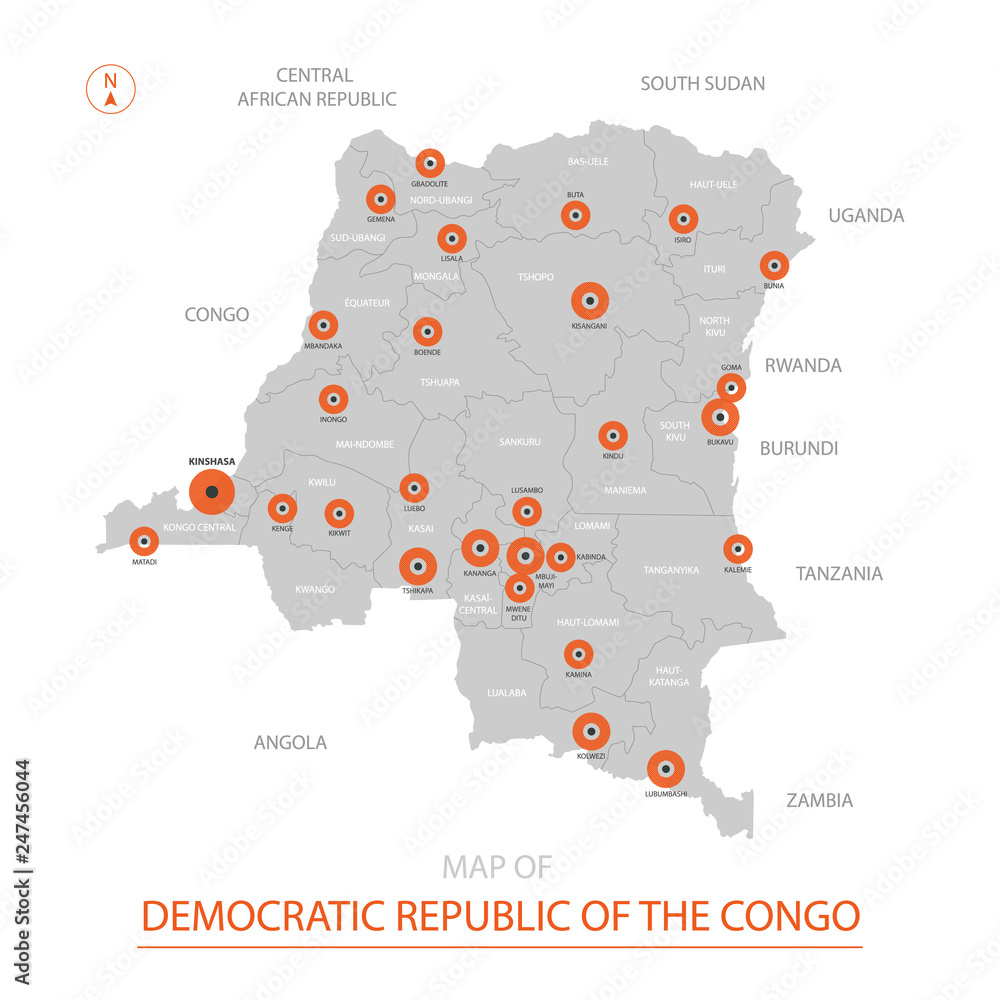 Stylized vector Democratic Republic of the Congo map showing big cities ...