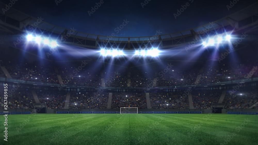 grand football stadium illuminated by spotlights and empty green grass ...