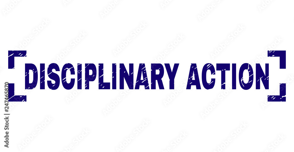 DISCIPLINARY ACTION label seal print with corroded texture. Text title ...