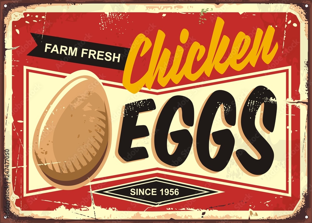 Farm fresh chicken eggs vintage promotional sign design. Retro ...