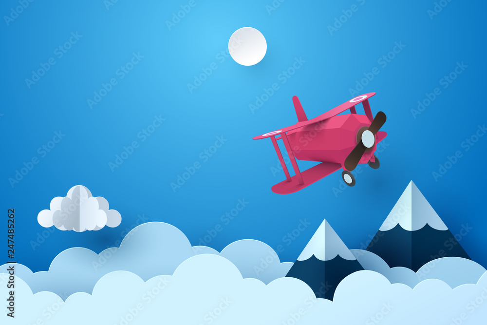 Paper art of plane flying through cloud at night, paper art concept and ...