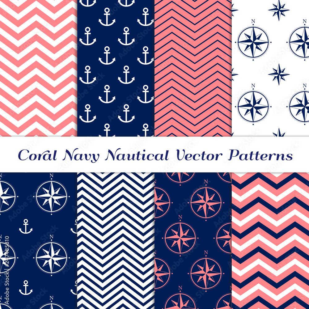 Nautical Patterns in Navy Blue, Coral Pink and White Chevron, Anchors ...