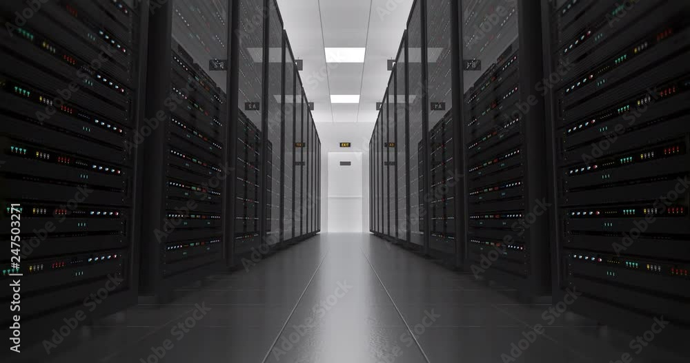 Server Racks In a Modern Data Center. Camera Slowly Moving Forward ...