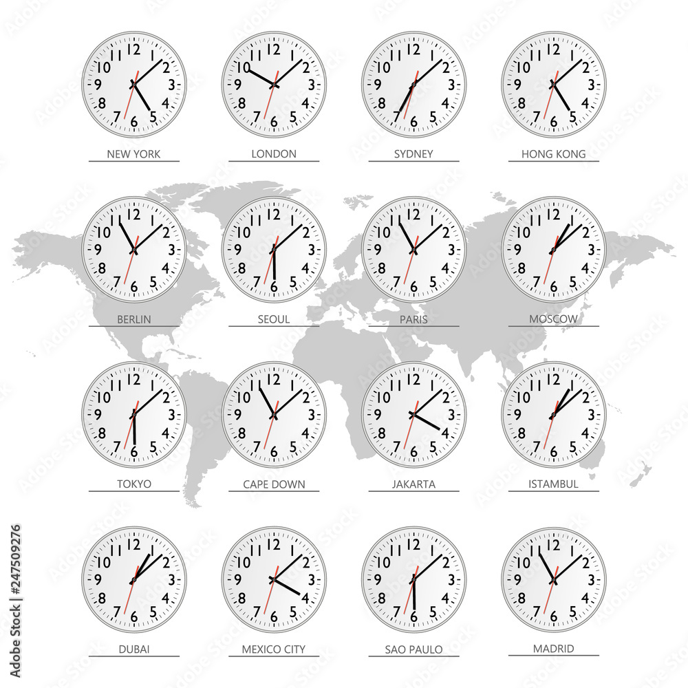 World time. Watch. Time zones Vector flat illustration. Stock Vector ...