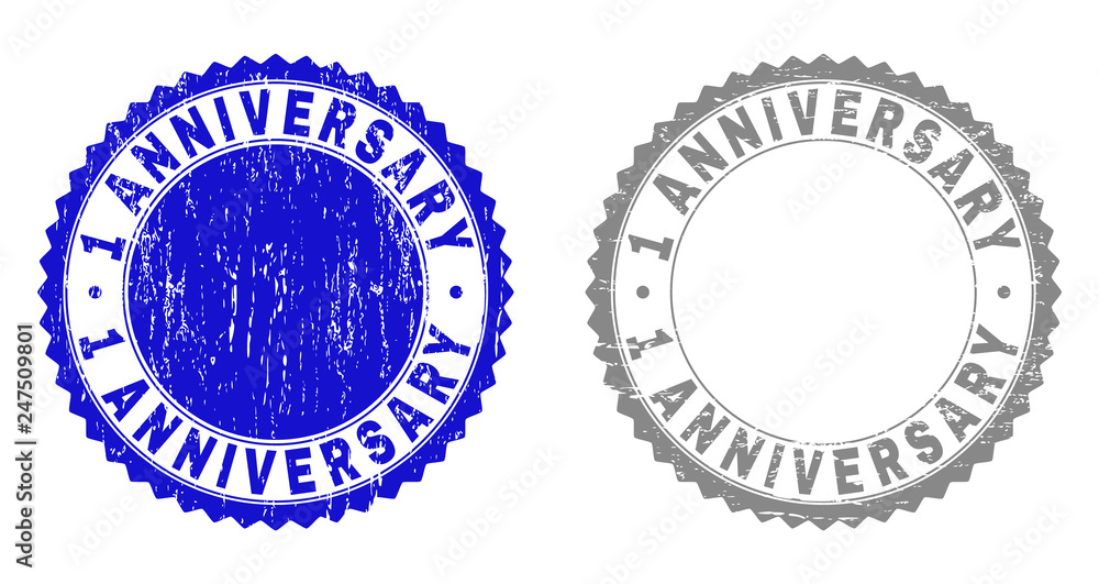 1 ANNIVERSARY stamp seals with grunge texture in blue and gray colors ...