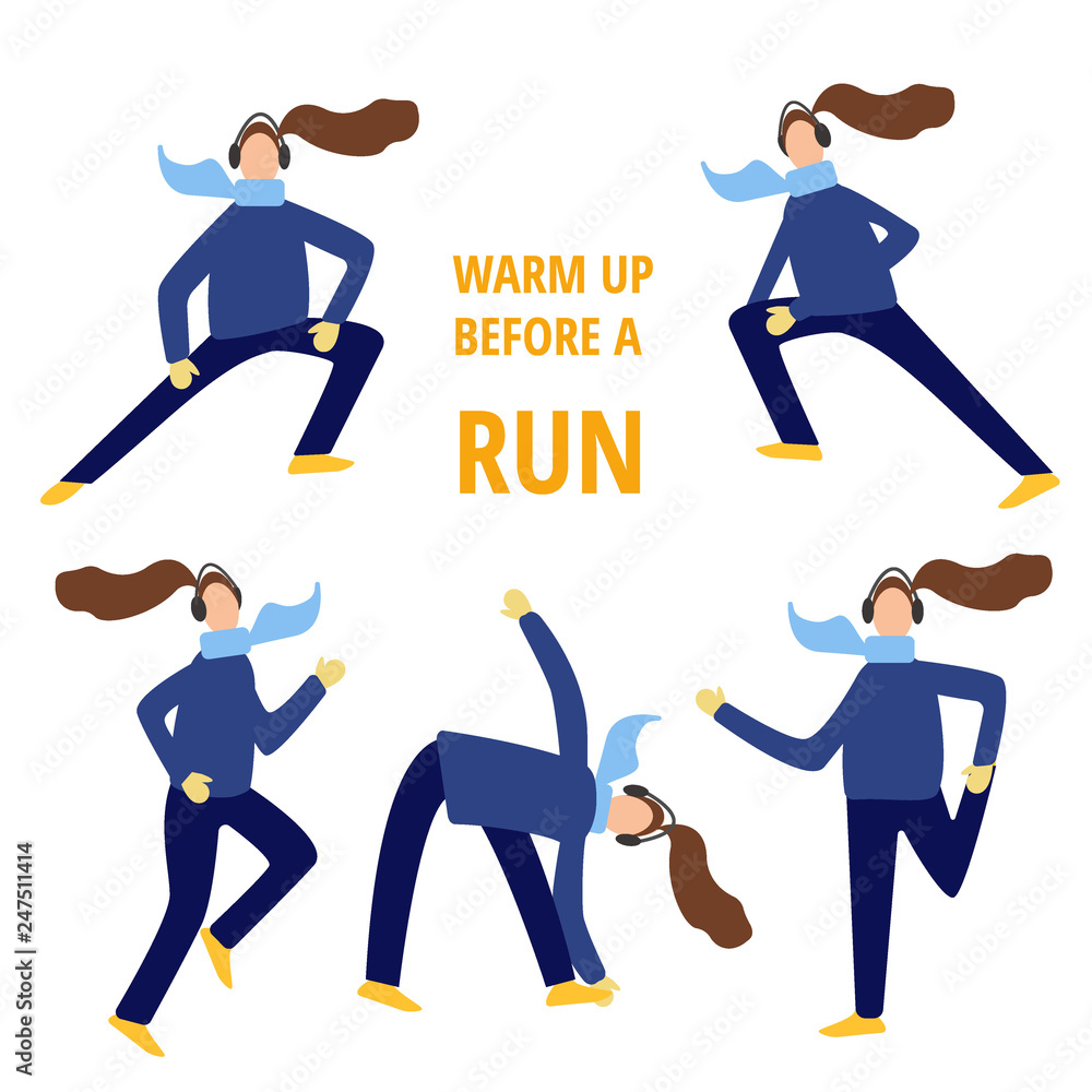 Set of women stretching legs before running in winter, flat cartoon ...