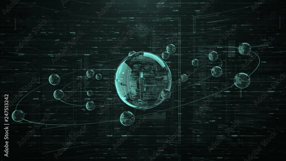 HUD SciFi Intro.HUD spheres rotating around digital techno sphere ...