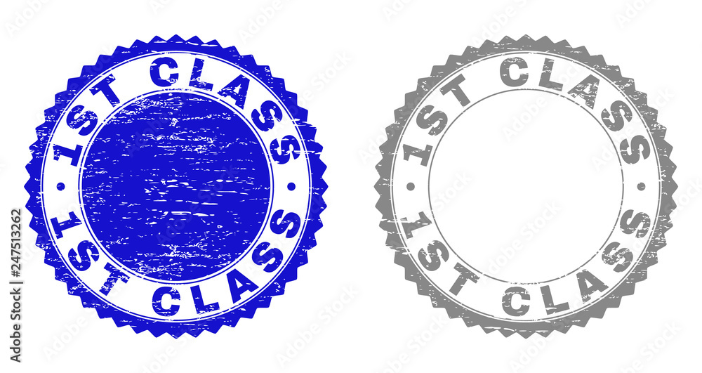 1ST CLASS stamp seals with grunge texture in blue and gray colors ...