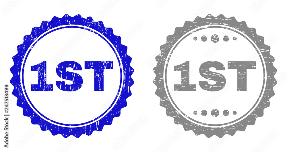1ST stamp seals with distress texture in blue and gray colors isolated ...