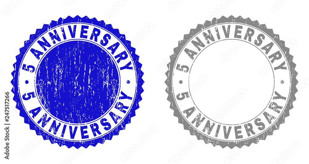 5 ANNIVERSARY stamp seals with grunge texture in blue and gray colors ...