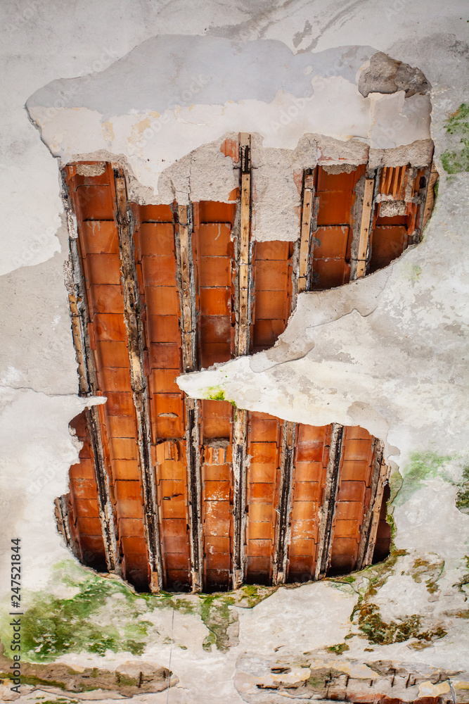 Ribbed ceiling, destraction, falling plaster, fungus, devastation of ...