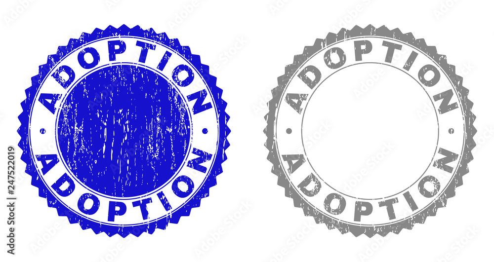 ADOPTION stamp seals with grunge texture in blue and grey colors ...
