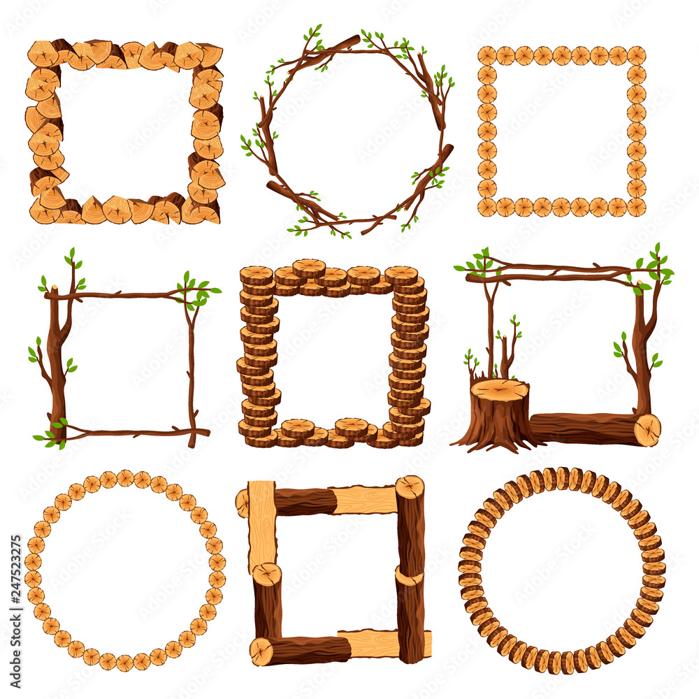 Wooden frames set isolated on white background. Square and round ...