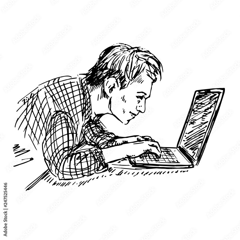 Man working on computer, hand drawn doodle, sketch, black and white ...