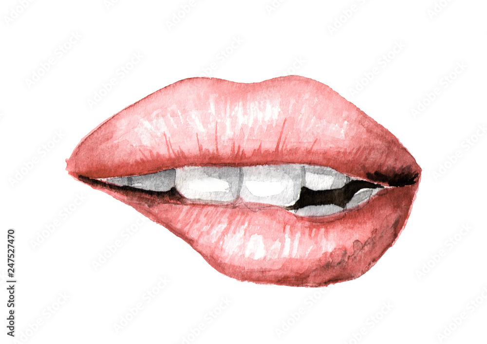 Plump puffy pink biting lips with Nude lipstick . Watercolor hand drawn ...