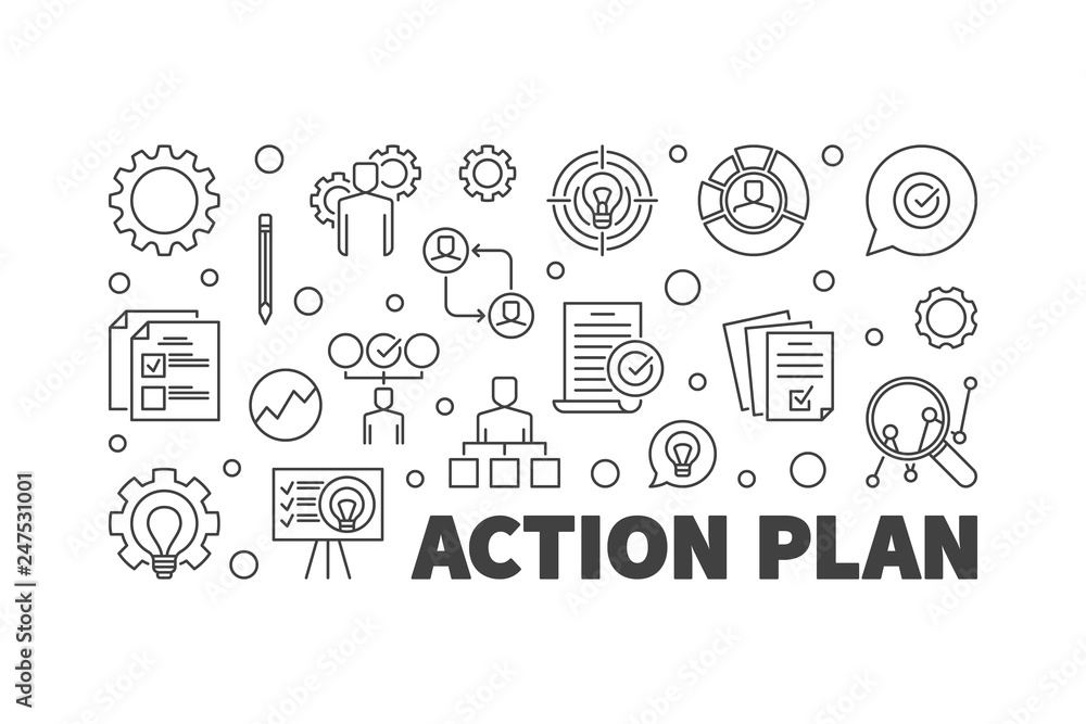 Vector Action Plan horizontal banner or illustration in thin line style ...