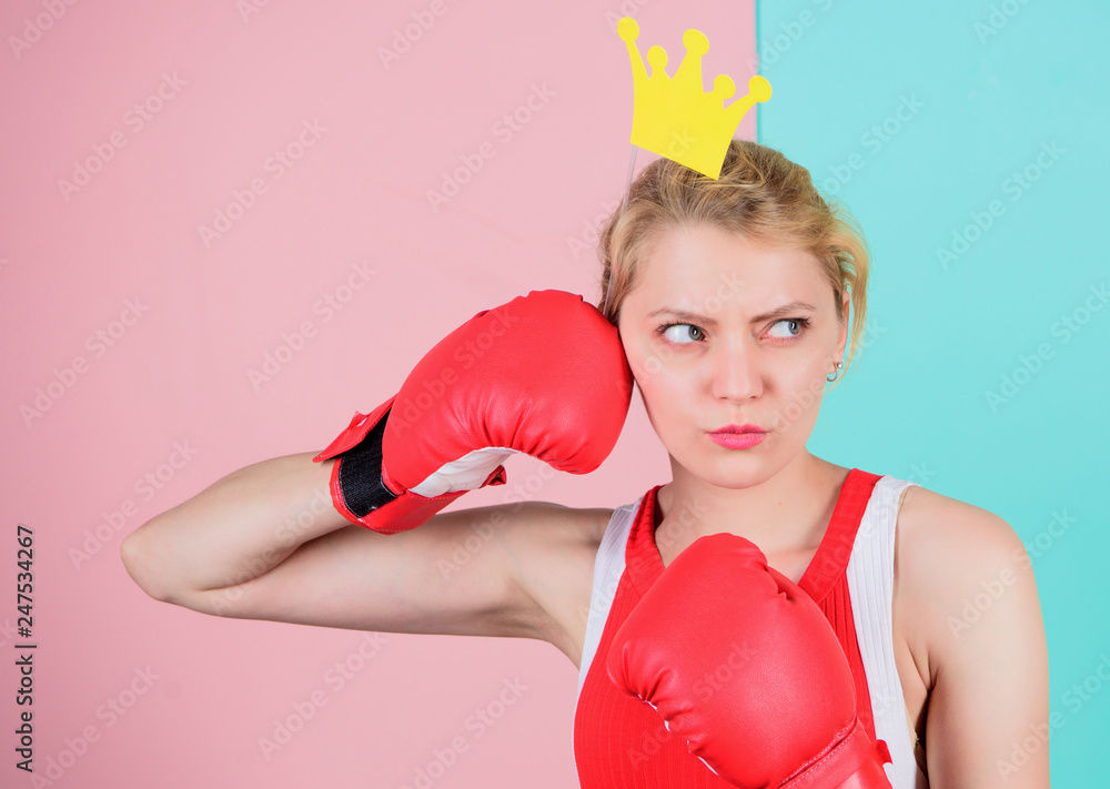 Fighting queen. Woman boxing glove and crown symbol of princess. Queen ...