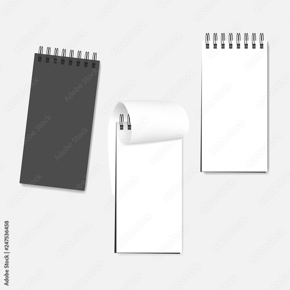Open and closed blank wire spiral reporter notebook, realistic mockup ...
