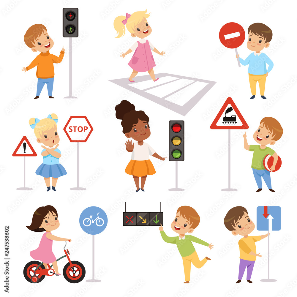 Cute Smiling Boys and Girls Child Learning Rules of Road set, Traffic ...
