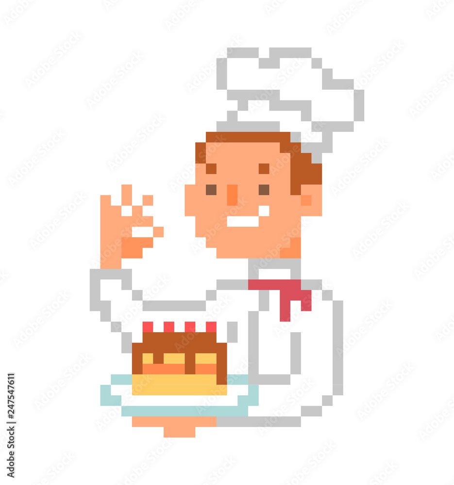 Vecteur Stock Happy chef in uniform presenting cake, 8 bit pixel art ...