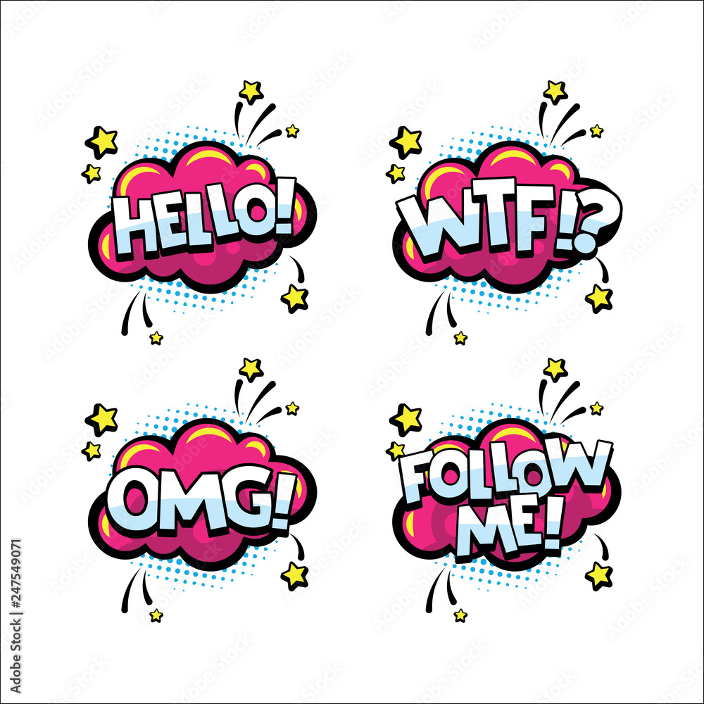 Retro comic speech bubbles set with text expression HELLO, WTF, OMG ...