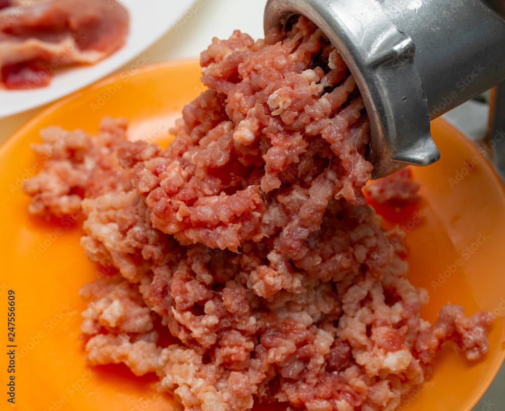 minced meat mincer plate, meat piece raw Stock Photo | Adobe Stock