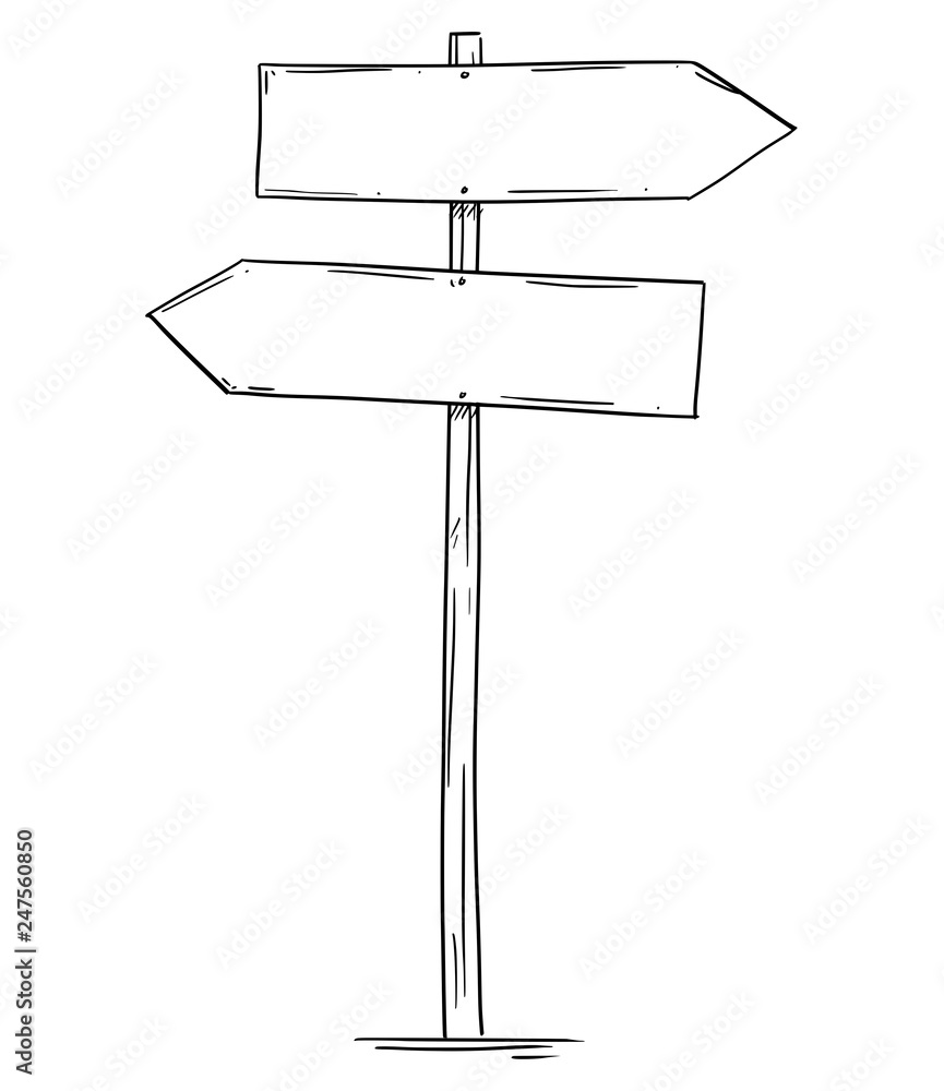 Artistic drawing of old empty or blank wooden two directions road arrow ...