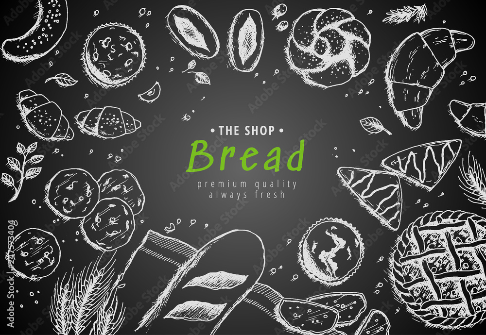 Vector bakery vintage background design. Hand drawn bread sketch ...