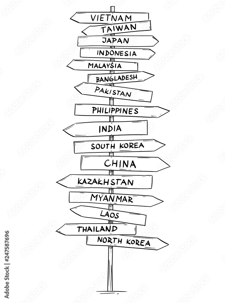 Artistic drawing of old wooden directional road arrow sign with names ...