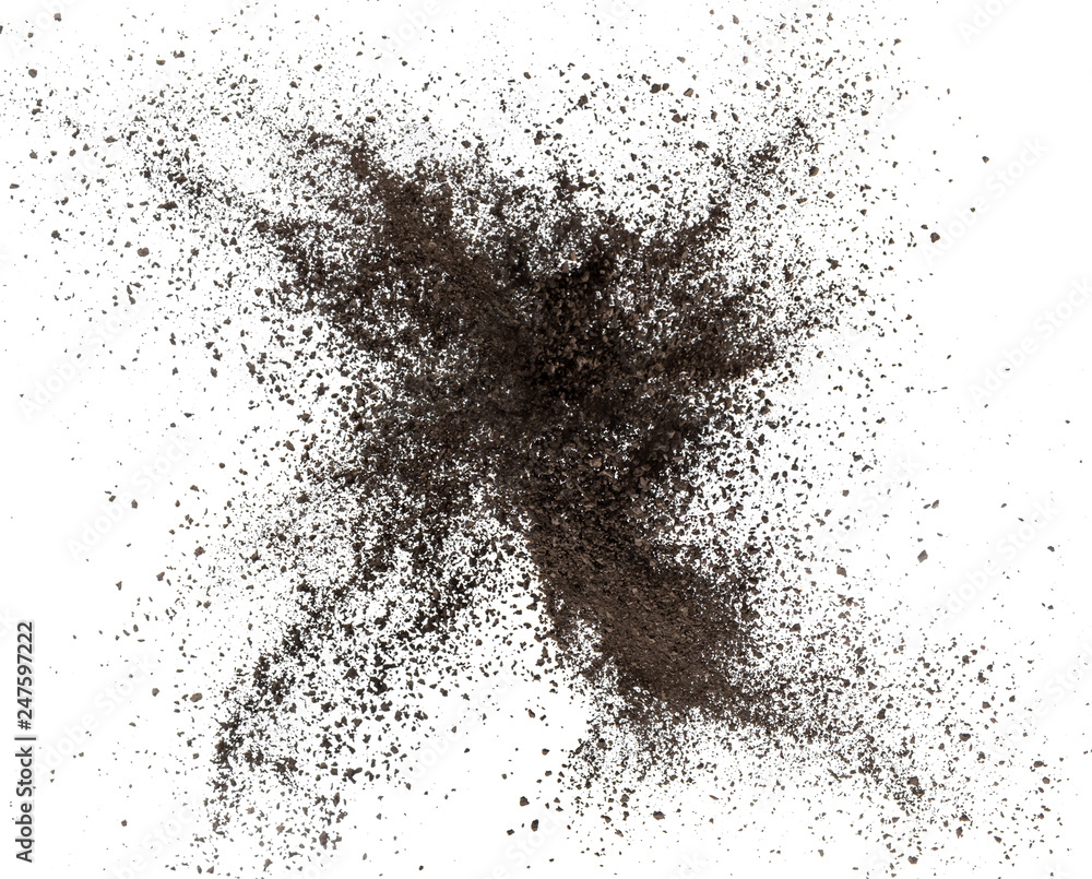 Dry soil splash or explosion flying in the air on white background,Stop ...