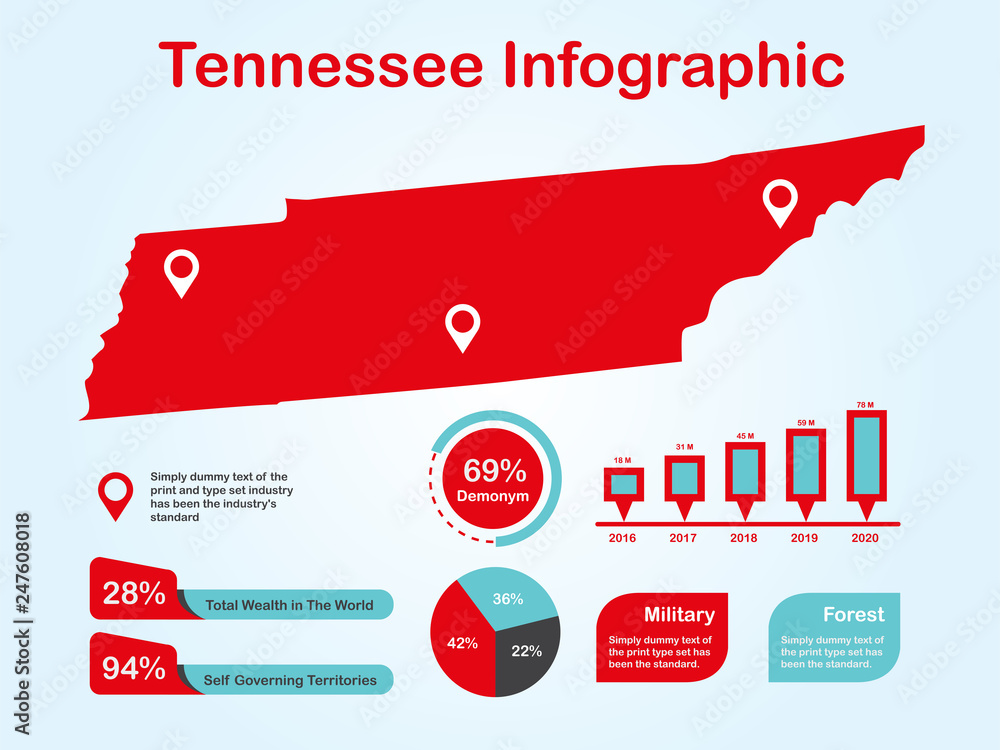 Tennessee State (USA) Map with Set of Infographic Elements in Red Color ...