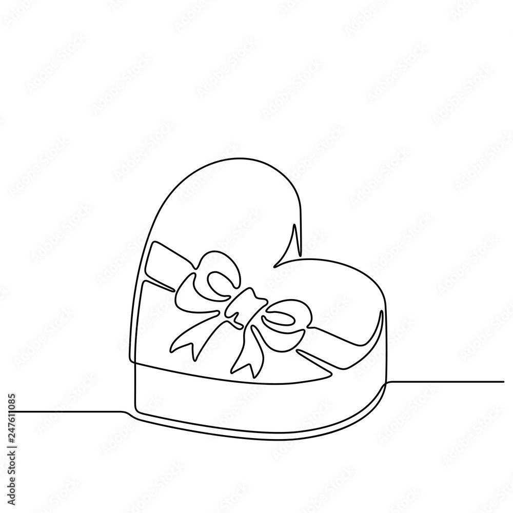 Continuous line drawing. Heart shaped gift box. Black isolated on white ...