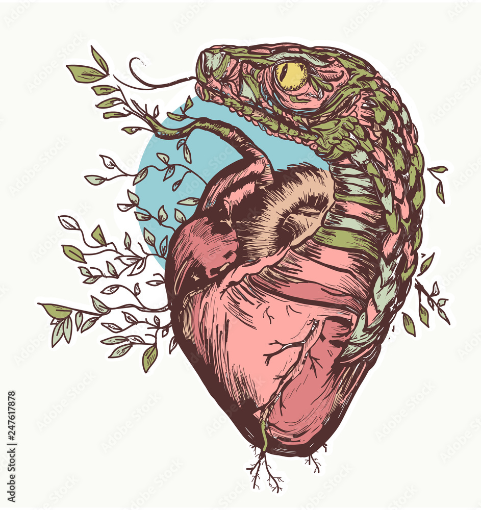 Snake and heart tattoo and t-shirt design. Symbol of love, envy, evil ...