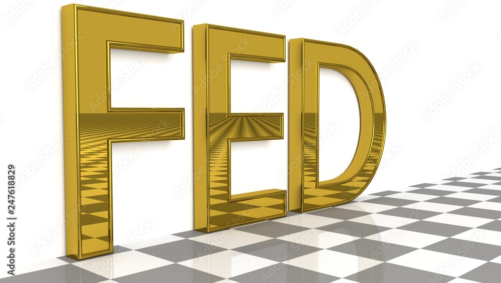 FED sign in glossy gold on a white background and a checkerboard ...