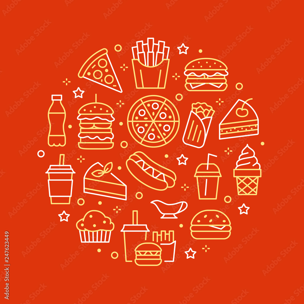 Fast food circle illustration with flat line icons. Thin vector signs ...