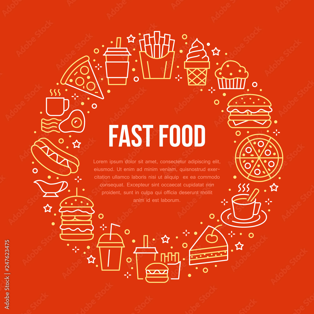 Fast food circle illustration with flat line icons. Thin vector signs ...