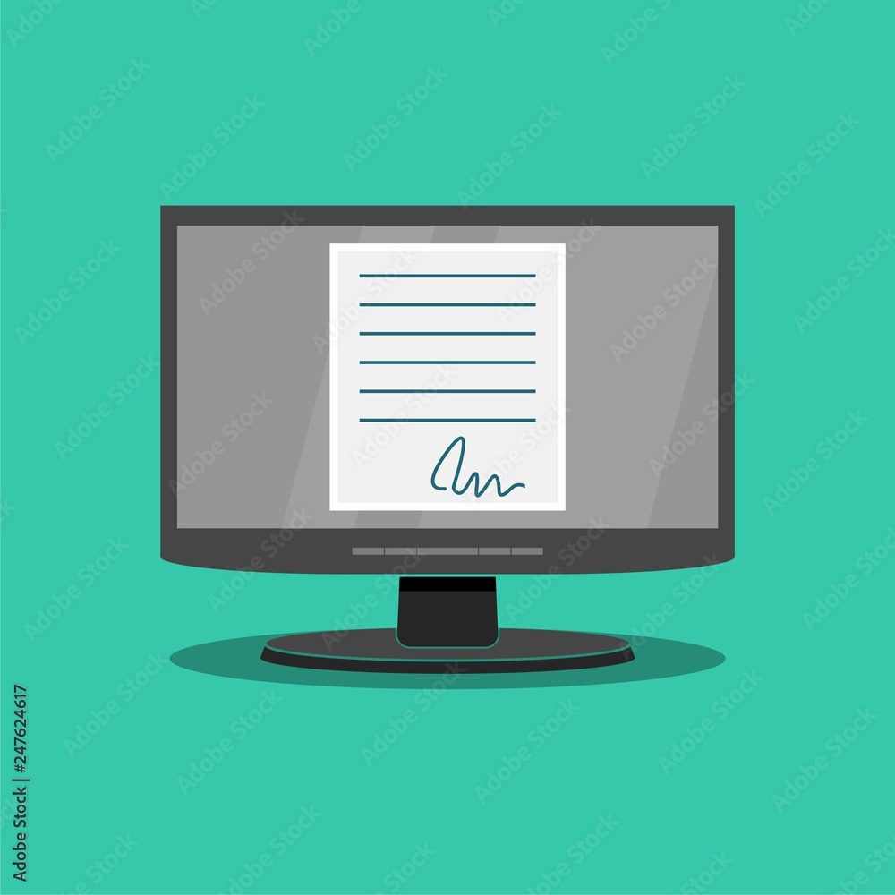 Online electronic documents, document with signature on computer screen ...