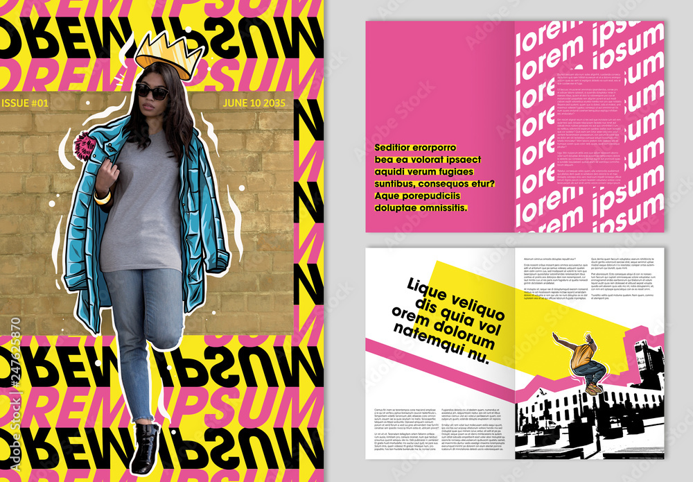 Magazine Layout with Pink and Yellow Accents Stock Template | Adobe Stock